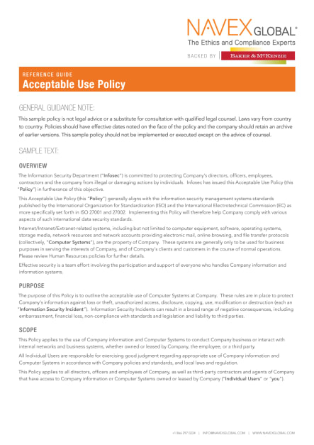 Acceptable Use Policy Sample Template NAVEX UK